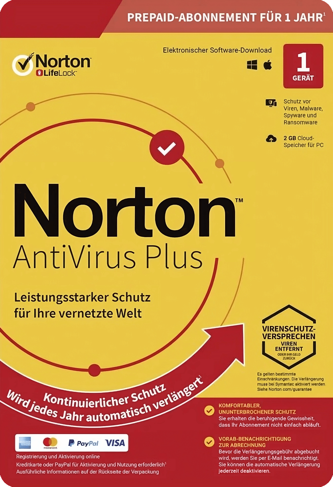 Symantec Norton Antivirus Plus, 2 GB di backup cloud, 1 utente 1 ...